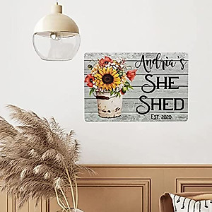 Personalized She Shed Metal Sign with Wood Look，Sun Flower Home Decor Wall Art Shed Accessories