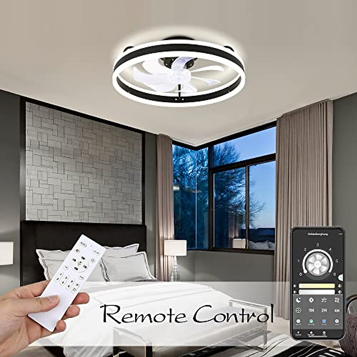 Bella Depot Ceiling Fans with Lights, Low Profile Ceiling Fan with Light, Flush Mount LED Ceiling Fan with Dimmable LED Lights, Reversible Blades, Timing, Smart APP Control for Bedroom (Black)