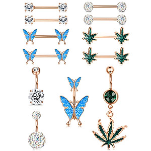 Sanfenly 14G Nipple Rings Belly Button Rings for Women 316L Surgical Steel Curved Navel Barbell CZ Weed Butterfly Tongue Rings Belly Nipple Piercing Jewelry