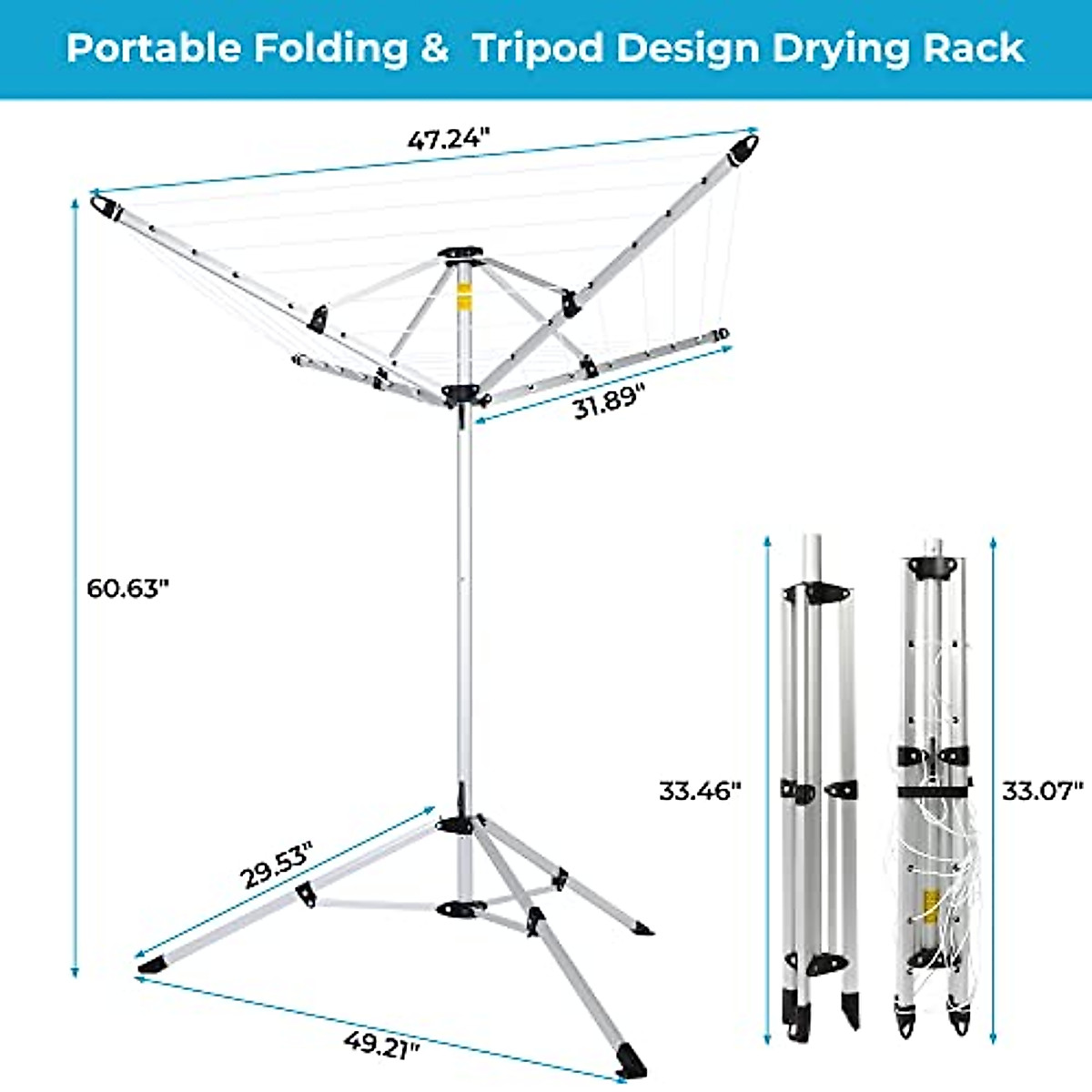Drying Natural Clothes Airer Outdoor Portable 4-arm Aluminum Drying Rack w/Ground Stake, Carry Bag, 28-Lines with 65 ft. Umbrella Clothesline