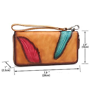 Women's Wallet Genuine Leather Zip Around Wristlet Long Purse Vintage Embossing Cowhide Capacity Handmade Clutch(Brown)