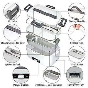 MQHOBO 【2023 Upgraded】 Electric Lunch Box 80W Food Heater for Adults, Heated Lunch Box for Men, Portable Food Warmer,3-In-1 Heating Lunch Box for Work,1.8L Removable 304 Stainless Steel Container