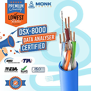 MONK CABLES | CAT6 Plenum Cable 1000ft | UTP, 23AWG, 550MHz | DSX-8000 Certified | Most Certified Cable of The Whole Market (Blue)