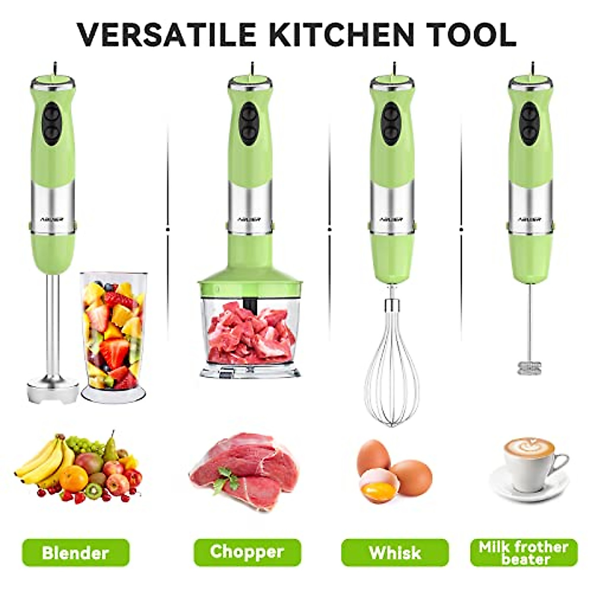 Immersion Blender Handheld 5 in 1 Hand Blender, 800W Hand Mixer Stick, BPA-Free 12 Speed and Turbo Mode Handheld Blender 304 Stainless Steel, With 20 oz Mixing Beaker, 17 oz Chopper, Whisk and Milk Frother for Soup, Smoothies, Baby Food, Sauce, Abuler (Gr