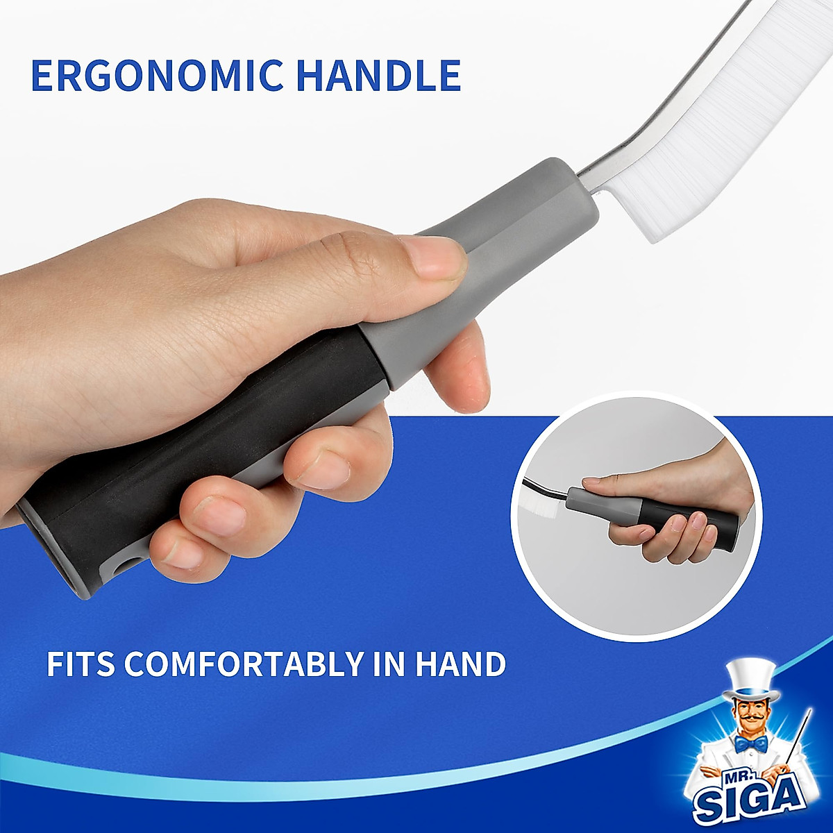 MR.SIGA Crevice Cleaning Brush with Handle, Gap Cleaning Brushes for Household Use, Stiff Bristle Brush for Cleaning Grout, Joints in Kitchen, Bathroom, Shower, 2 Pack