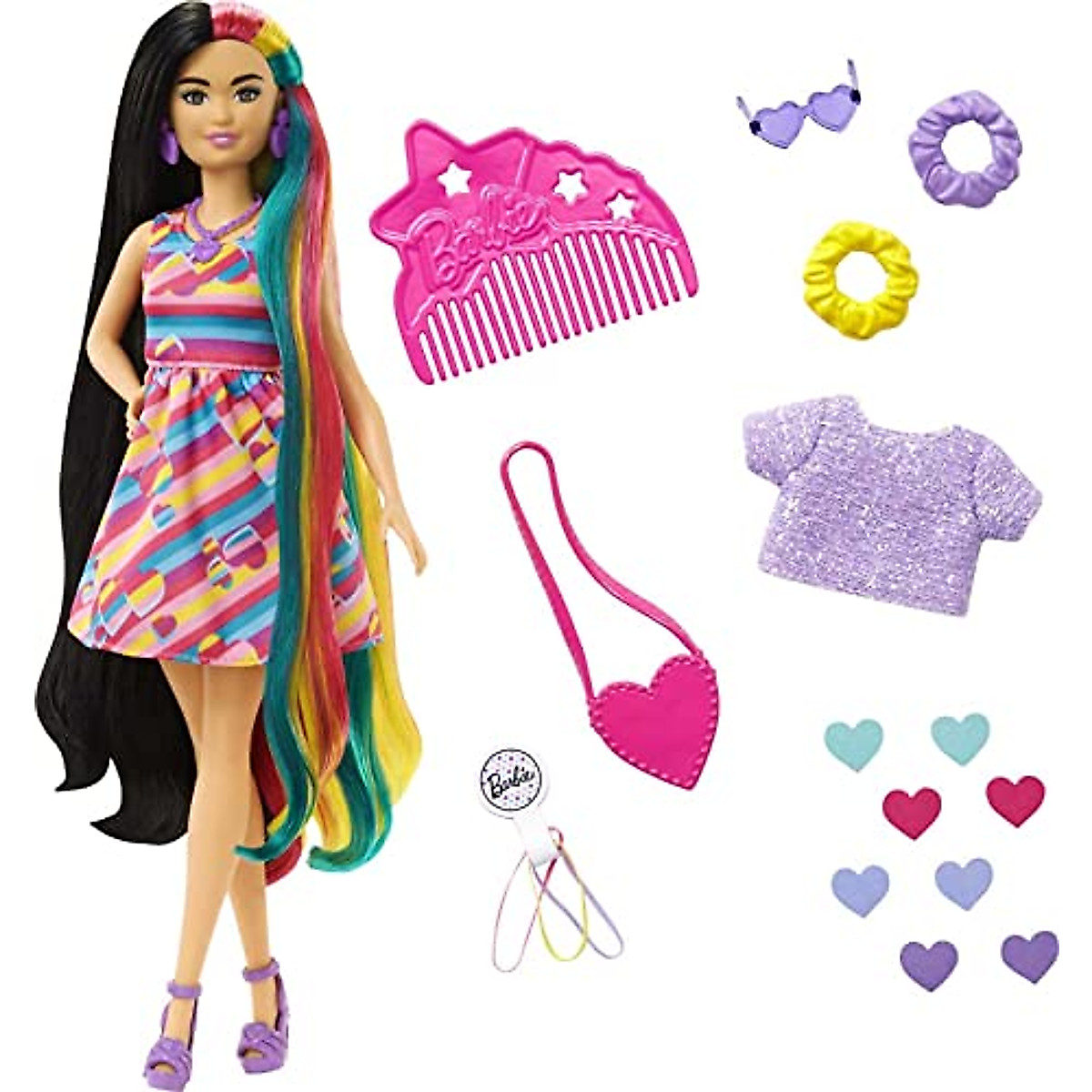 Barbie Totally Hair Doll, Heart-Themed with 8.5-Inch Fantasy Hair & 15 Styling Accessories (8 with Color-Change Feature)