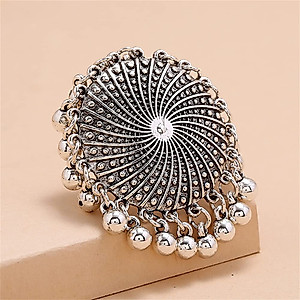 Dtja Boho Big Teardrop Statement Ring for Women Vintage Tassel Ball Bead Adjustable Open Band Cocktail Party Ring Comfort Fit Gypsy Indian Bollywood Peacock Tail Exaggerated Jewelry (Silver)