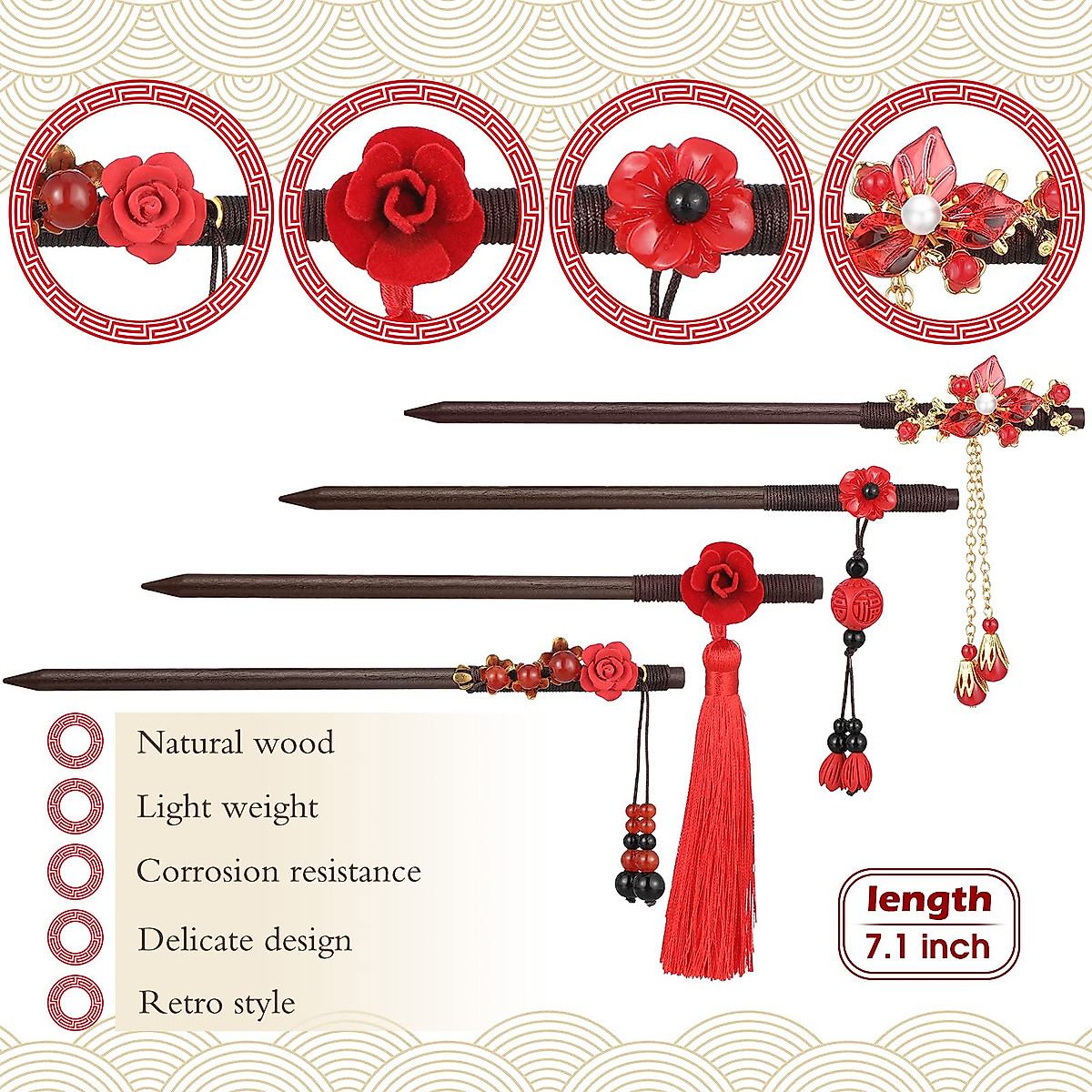 Waydress 4 Pcs Retro Geisha Red Wooden Hairpins Japanese Hair Stick Asian Hair Chopsticks Handmade Flower Tassel Hair Accessories with Tassel for Women Girl Long Hair (Classic Style)