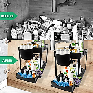 Under Sink Organizers and Storager,Under the Sink Organizer Kitchen Sink Organizer with Hooks, Hanging Cup,2-Tier Multi-purpose Holywarm Under Sink Organize,Bathroom Organizer, 2 Pack