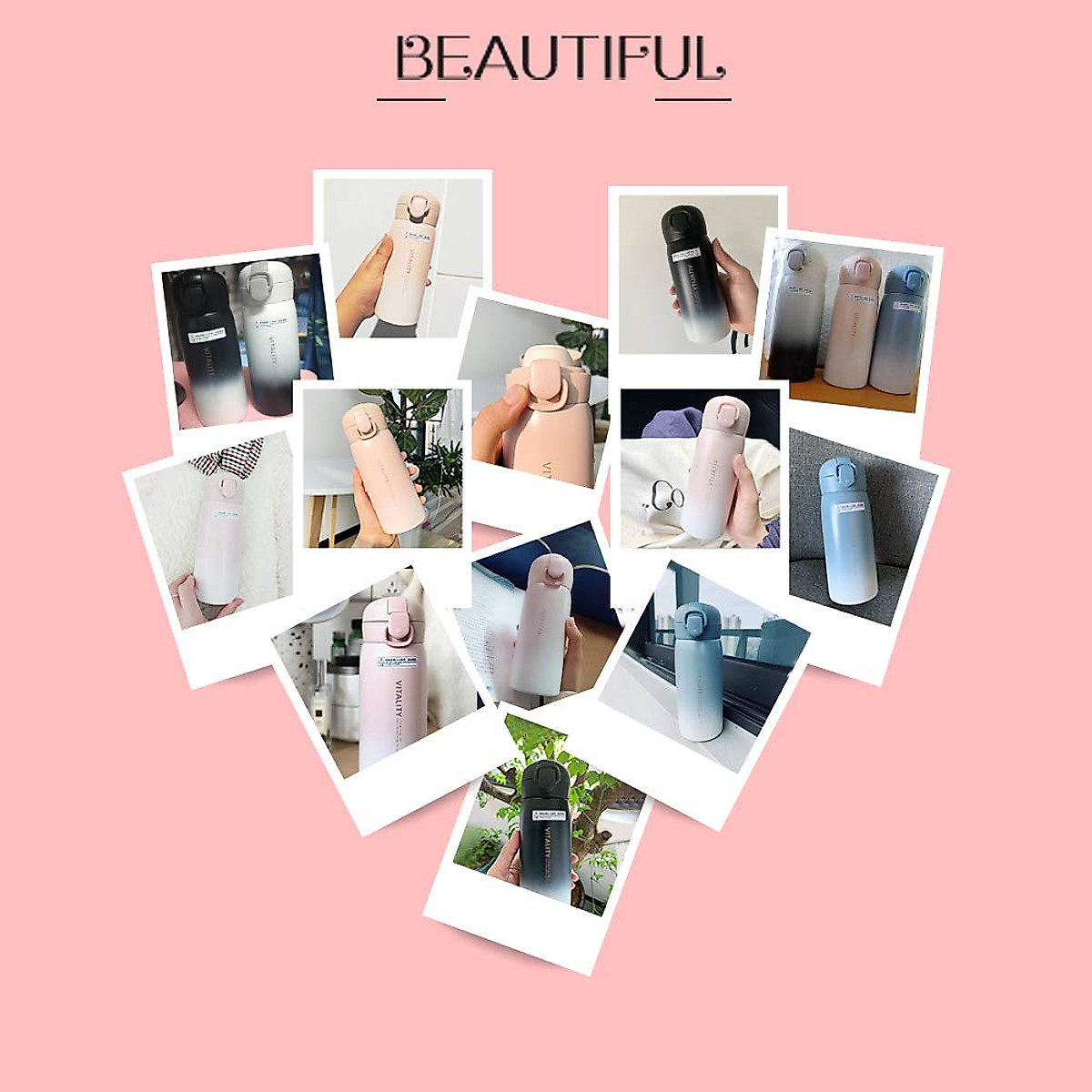 UPSTYLE 304 Stainless Steel Insulated Water Bottle one hand open Vacuum Cups Portable Travel Mug Sports Tumblers Flask Double Layer (12oz Ombre Pink)