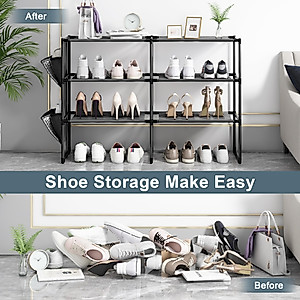Amazer 4 Tiers Shoe Rack for Closet, Shoe Storage Organizer for 16-20 Pairs of Shoes, Shoe Shelf with Removable Pocket for Entryway Bedroom Hallway, 34.6x11x21.4 Inches (Black)
