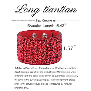Long tiantian Boho Bangle Leather Bracelet for Women Rhinestone Bangle Bracelet for Women Wide Edge Bracelet Leather Wrap Cuff Bracelet(red)