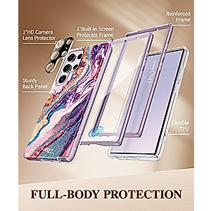GVIEWIN for Samsung Galaxy S23 Ultra Case 5G 6.8", [Built-in Screen Protector + Camera Lens Protector ][2 Front Frames] Military Grade Shockproof, Marble Protective Phone Cover(Dreamland River/Purple)