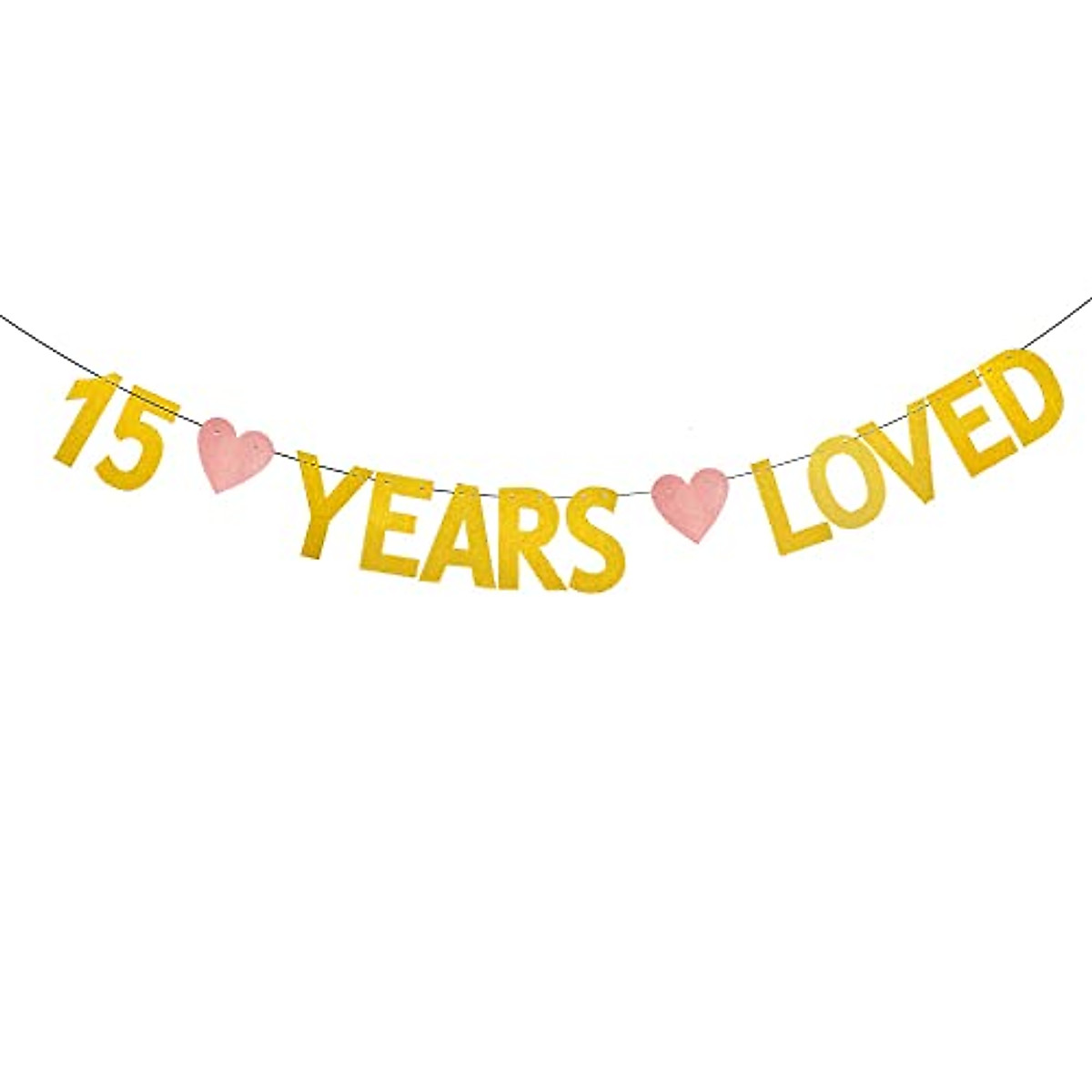 XIAOLUOLY Gold 15 YEARS LOVED Glitter Banner,Pre-Strung,15th Birthday / Wedding Anniversary Party Decorations Bunting Sign Backdrops,15 YEARS LOVED