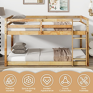 LUKEEHOM Bunk Bed Twin Over Twin, Wood Low Profile Floor Twin Bunk Beds with Ladder Guardrails for Kids Boys and Girls, No Box Spring Needed