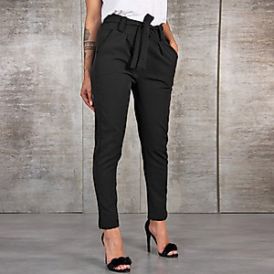 WUAI-Women Work Pants High Waist Pencil Cropped Paper Bag Waist Pants Slim Fit Casual Pants with Pockets(Black,Small)