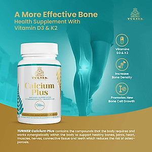 TURNER Calcium Plus, All-Natural Marine Calcium Supplement, with UAF1000+ Super Antioxidant, Magnesium + Vitamins K2 & D3, Supports Bone Density & Joint Health, 6 Bottles, 540 caps, 6 Month Supply