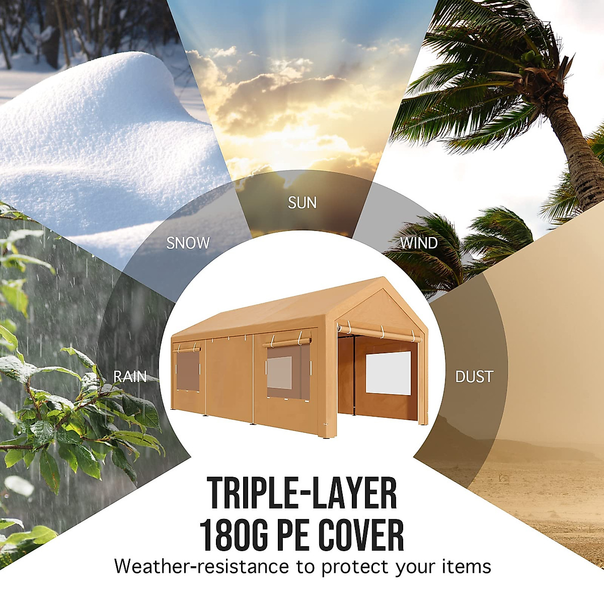 SARORRA Carport, 10'x20' Heavy Duty Carport with Roll-up Ventilated Windows, Portable Garage with Removable Sidewalls & Doors for Car, Truck, Boat, Wedding Party, Outdoor Camping, UV Resistant (Beige)