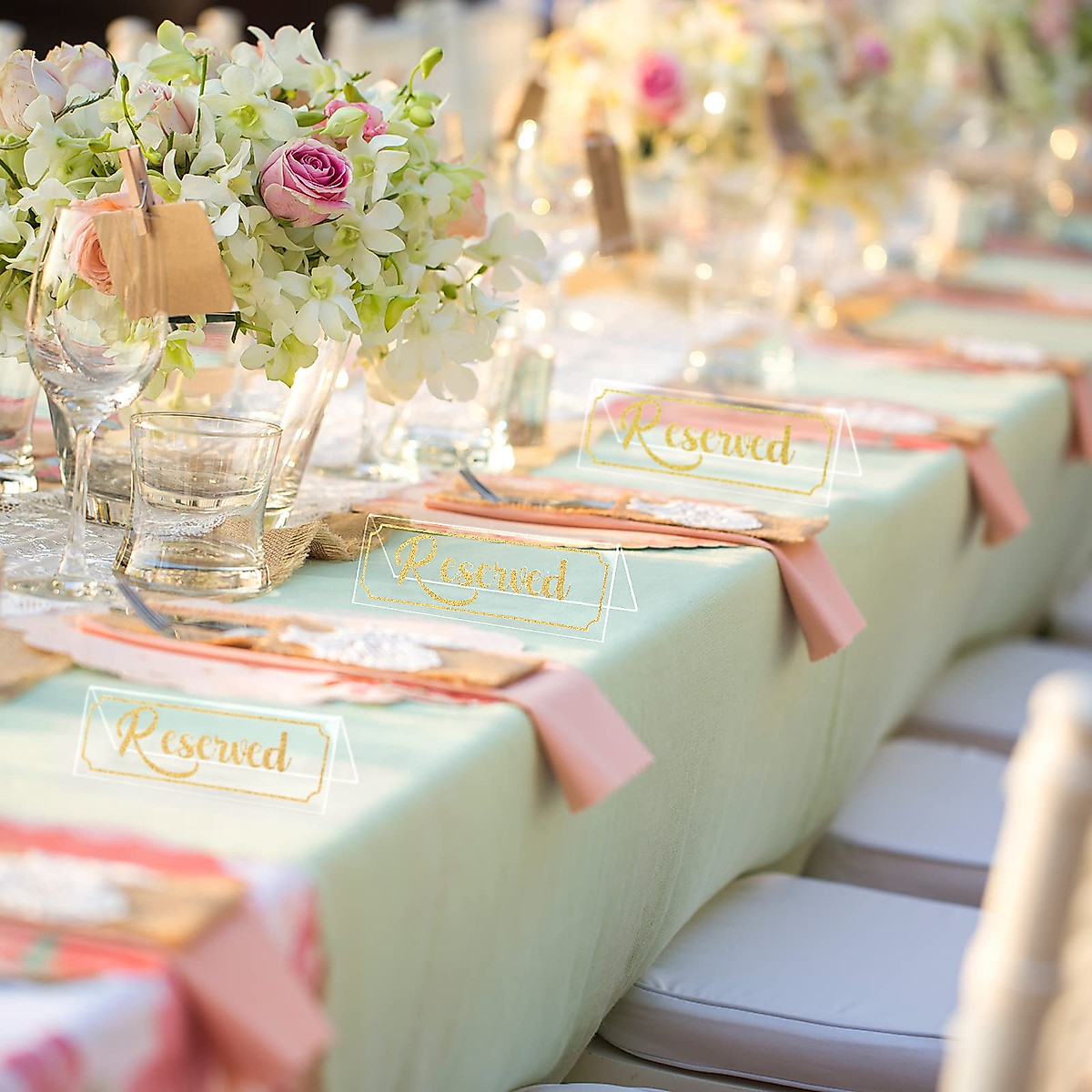 16 Pieces Reserved Sign Acrylic Clear Reserved Table Tent Signs Table Number Holders for Wedding Printed Seating Reservation Restaurant Business Office Meeting Party (Gold)