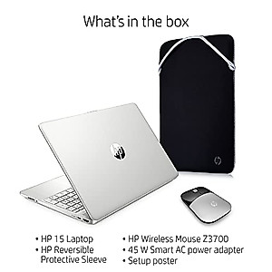 HP 2021 Laptop Computer 15.6" HD Screen, AMD Athlon 3050U 8GB RAM 128GB SSD HDMI Wi-Fi Webcam Silver Win 10 | School Essential Bundle: 1-Year Office 365, Wireless Mouse, Sleeve, VATTE HDMI Cable