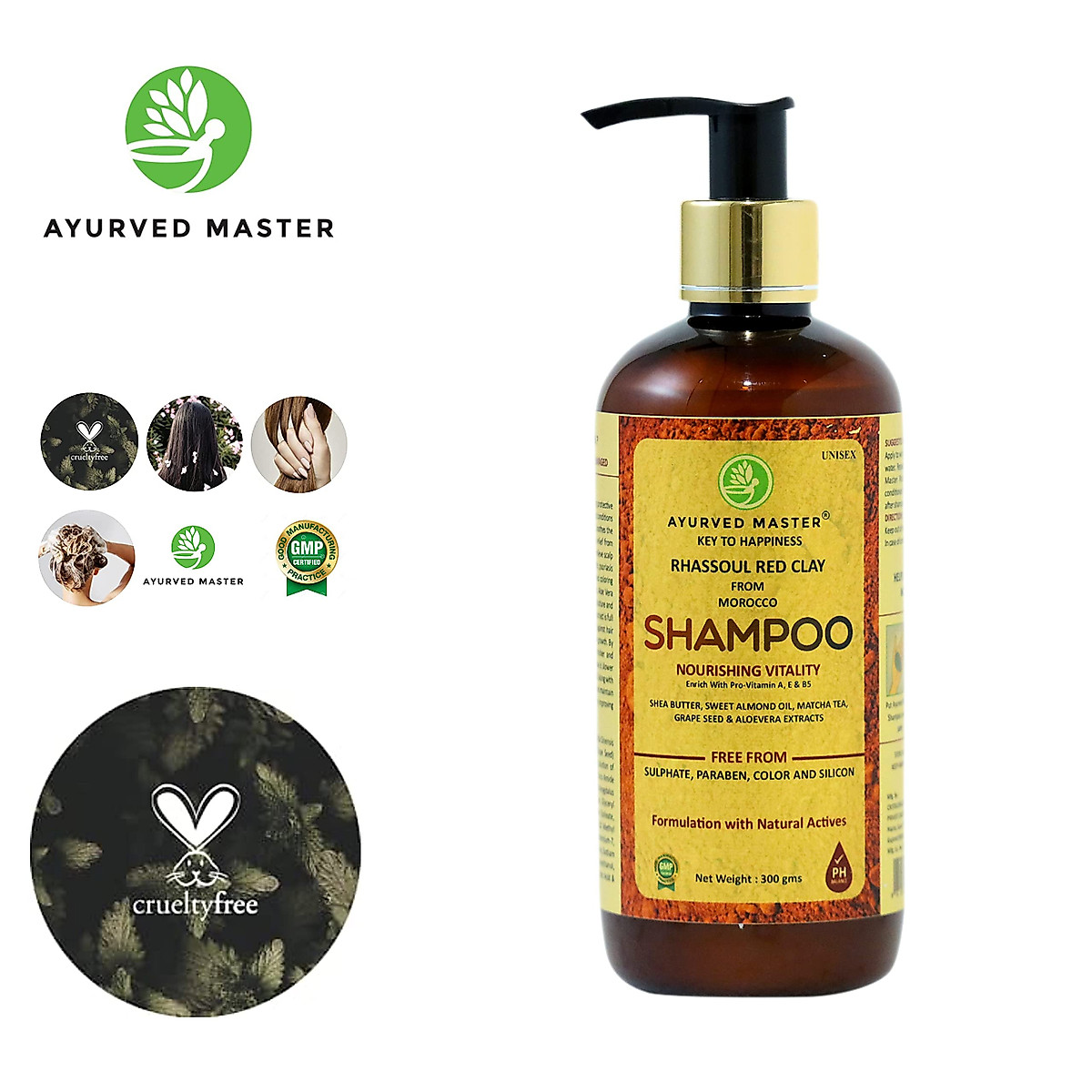 AYURVED MASTER Rhassoul Red Clay Shampoo With Shea Butter, Almond Oil, Matcha Tea, Grape Seed and Aloe Vera Extracts For Nourishing Hair Vitality |