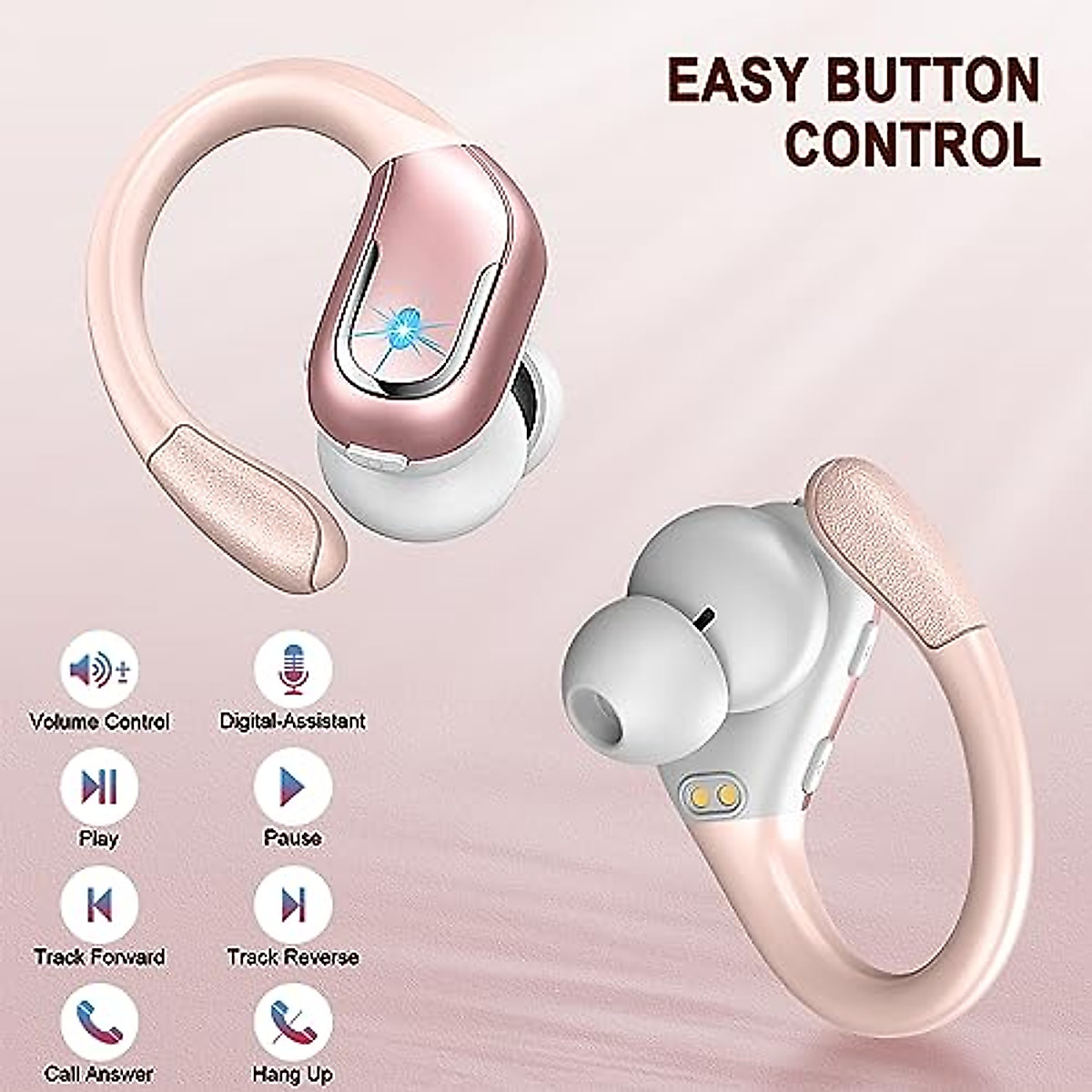 Wireless Bluetooth Earbud Sport, Bluetooth 5.3 Headphones with Noise Cancelling Mic, 90H HiFi Stereo Over Ear Earbud with LED Display and USB-C, IP7 Waterproof Earphones, Button Control, Rose Gold