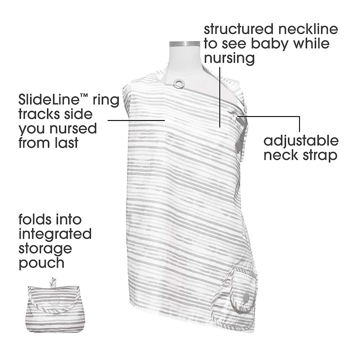 Boppy Nursing Cover for Breastfeeding, Gray Watercolor Stripes, Apron Style with Storage Pocket, Rigid Neckline to See Baby While Feeding, and Breastfeeding or Pumping