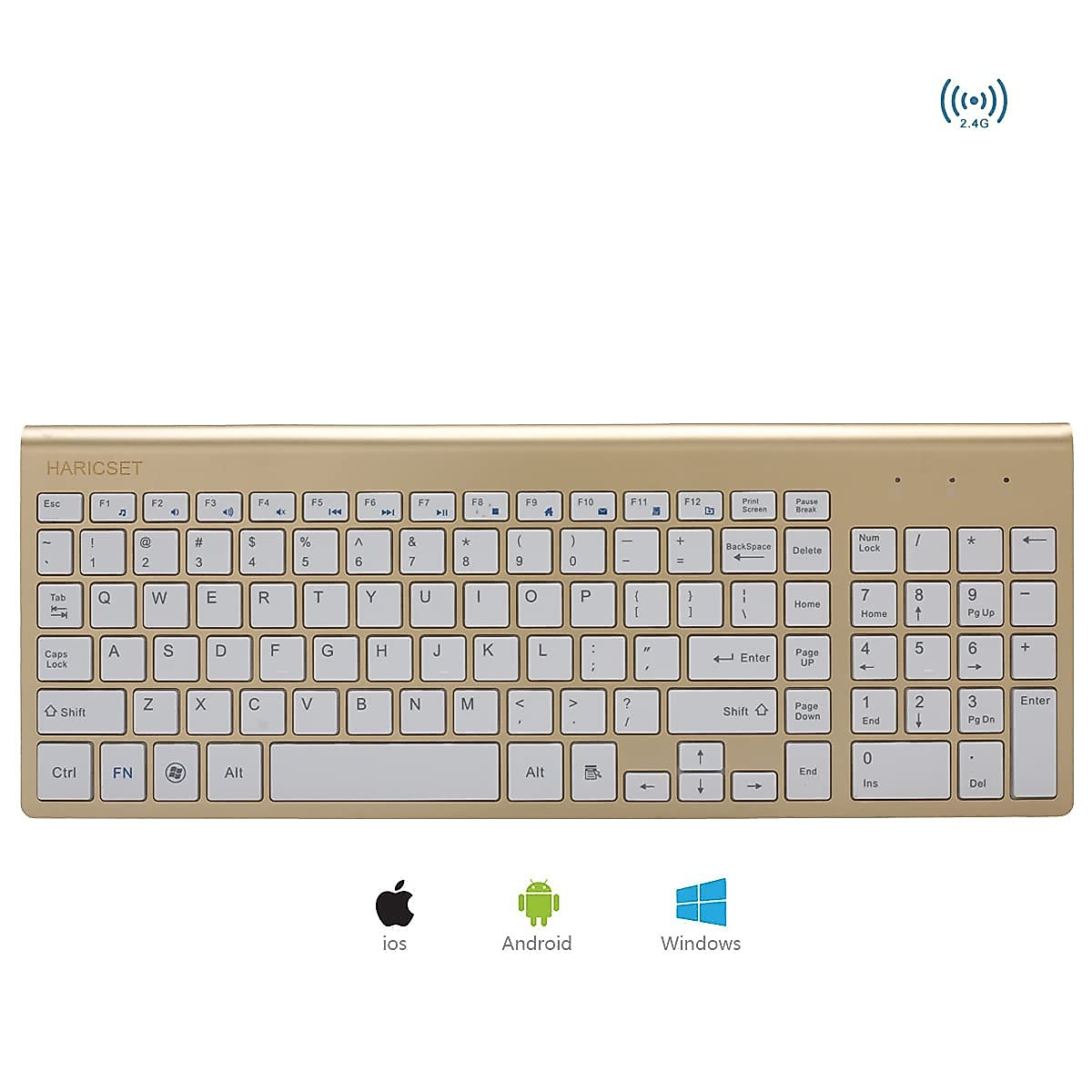 Wireless Keyboard and Mouse Combo, Haricset Full-Sized Ultra-Compact 2.4G Stable Connection Keyboard with Number Keypad and Adjustable DPI Mouse for Windows, Mac OS Office Computer (Gold)