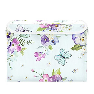 innewgogo Flowers Butterflies Storage Bins with Lids for Organizing Collapsible Storage Cube Bin with Handles Oxford Cloth Storage Cube Box for Room