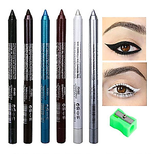 6Pcs White Silver Black Brown Shimmer Glitter Gel Eyeliner Eye Pencil Pen Set,Shimmer Glitter Eye Liner Shadow Pencils colorful Kit delineadores de colores para ojos,delineador punta plumon negro