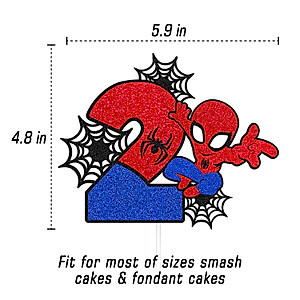 Spider 2nd Cake Topper Spider Cartoon Movie Themed Happy 2s Birthday Cake Decorations for Boys Girls Children Kids Men Women Two Bday Party Supplies Double Sided Glitter Black Décor