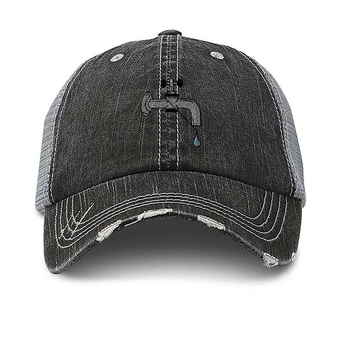 Custom Distressed Trucker Hat Plumber Leaky Faucet Embroidery Cotton for Men & Women Strap Closure Black Gray Design Only