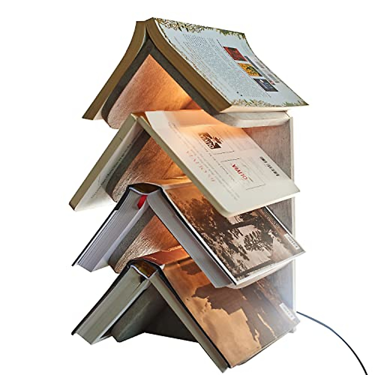 ZhuoChiMall Wisdom Tree Bookshelf with Lights, Desktop Wooden Book Stand, Small Bookcase for Bedroom, Office, 4-Shelf Modern Book Holder, White