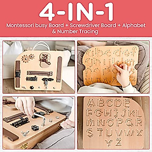 Montessori Busy Board Toys for 3+ Years Old 4 in 1 Learning Toy for 4 Years Old Toddler Montessori Toys Age 3-4 Boys Girls Tracing Screwdriver Board Set Sensory Board Toddler Montessori Toys Age