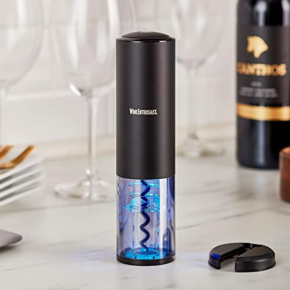 Wine Enthusiast Electric Blue Electric Wine Opener - Automatic Wine Corkscrew - No Button, Easy Open, Wine Key