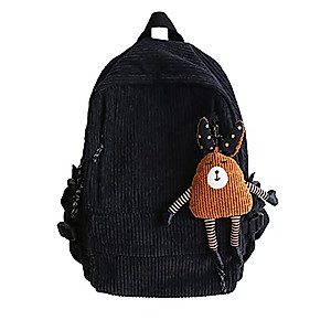 Fashion Corduroy Backpacks with Cute Pendant Multicolor Kawaii Backpack School Bag for Teen Girls Women Casual Daypack (Black)