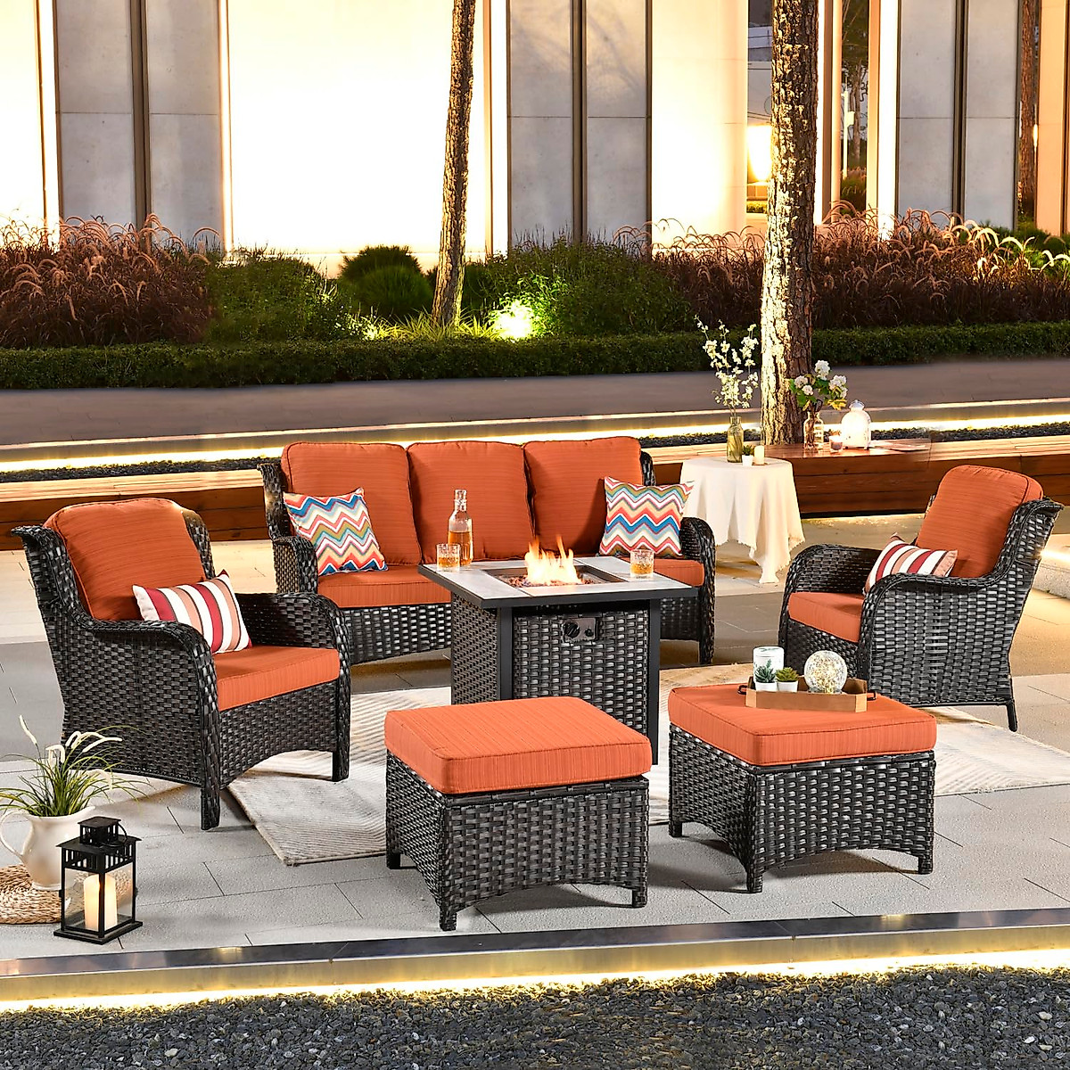 ovios 6 Pieces Patio Furniture Set with 30" Fire Pit Table, Outdoor Wicker Sofa with Ottomans, Comfy Cushions, High Back Couch Conversation Set, Brown Rattan, Orange Red