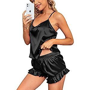 Anjue Womens Lingerie Sets Ruffle Silk Sleepwear Racerback Cami Shorts Pajamas Sets Loungwear(Black,L)