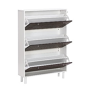 Narrow Shoe Cabinet with 3 Flip Drawers for 24 Pairs Shoes, Natural Wood Top Entryway Organizer with 3 Hooks, Free Standing Shoe Rack with Adjustable Panel for Hallway, 31.5''x9.4''x47.6'',White&Brown