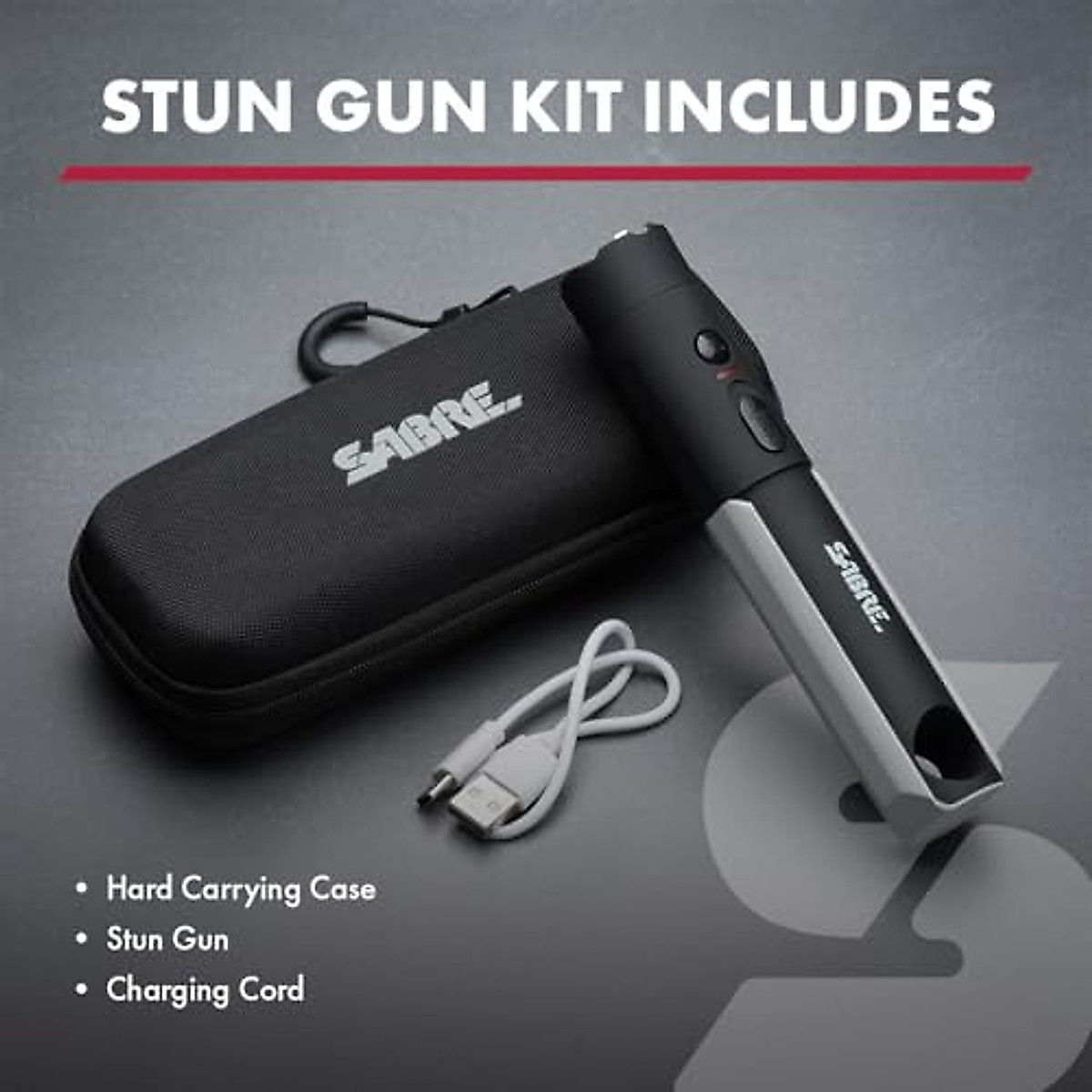 SABRE 2-in-1 Flashlight Design with Built-in Stun Gun, Powerful 1.76 µC Charge, 200 Lumen LED with 3 Modes; High, Low and Strobe, Rechargeable Battery, Hard Case and USB-C Charging Cord Included