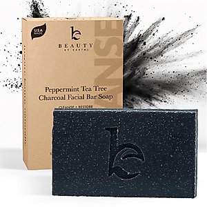 Peppermint Tea Tree Charcoal Facial Bar Soap - USA Made with Natural & Organic Ingredients, Face Wash Black Soap Bar for Acne, Eczema & Psoriasis, Detoxifying Charcoal for Oily & Sensitive Skin