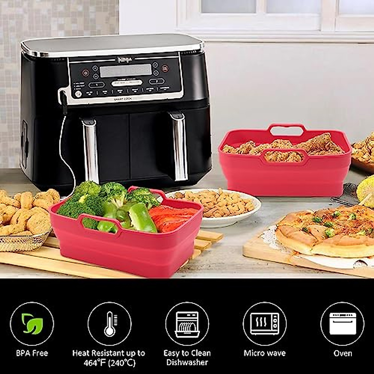 Air Fryer Silicone Liners Pot for Ninja Foodi Dual DZ090 6QT, 2 Pack Reusable Air Fryer Silicone Replacement Basket Bowl, Collapsible Baking Tray for Air Fryer Accessories (Red)