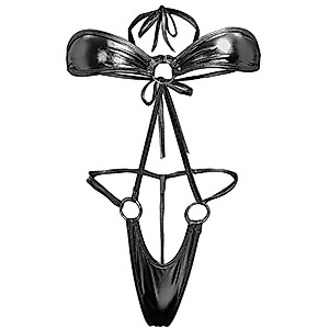 Yevin Sexy Latex Wet Look Lingerie for Women One Piece Exoctic Dancer Wear Black