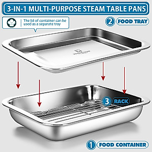 Stainless Steel Food Prep Container with Rack & Lid (Tray), 2.4Quarts, Catering Pans, Restaurant Pans, Buffet Party Pan, Roasting Pan with Rack, Bakeware Roaster, Oven Casserole (1305 / No5)