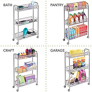 mDesign Steel Rolling Utility Cart Storage Organizer Trolley with 3 Basket Shelves for Laundry Room, Mudroom, Garage, Bathroom Organization - Holds Detergents, Hand Soap - Biro Collection, Silver