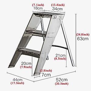 Acrylic 3 Step Ladder Step Stool Transparent L44xW52xH63cm Folding Step Stool 150kg Capacity Ladder for Kitchen Electroplated Silver Iron Frame Household Stool