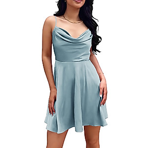 PRETTYGARDEN Women's Summer Satin Dress 2023 Sexy Spaghetti Strap Cowl Neck Ruffle A Line Short Party Dresses (Light Blue,Medium)