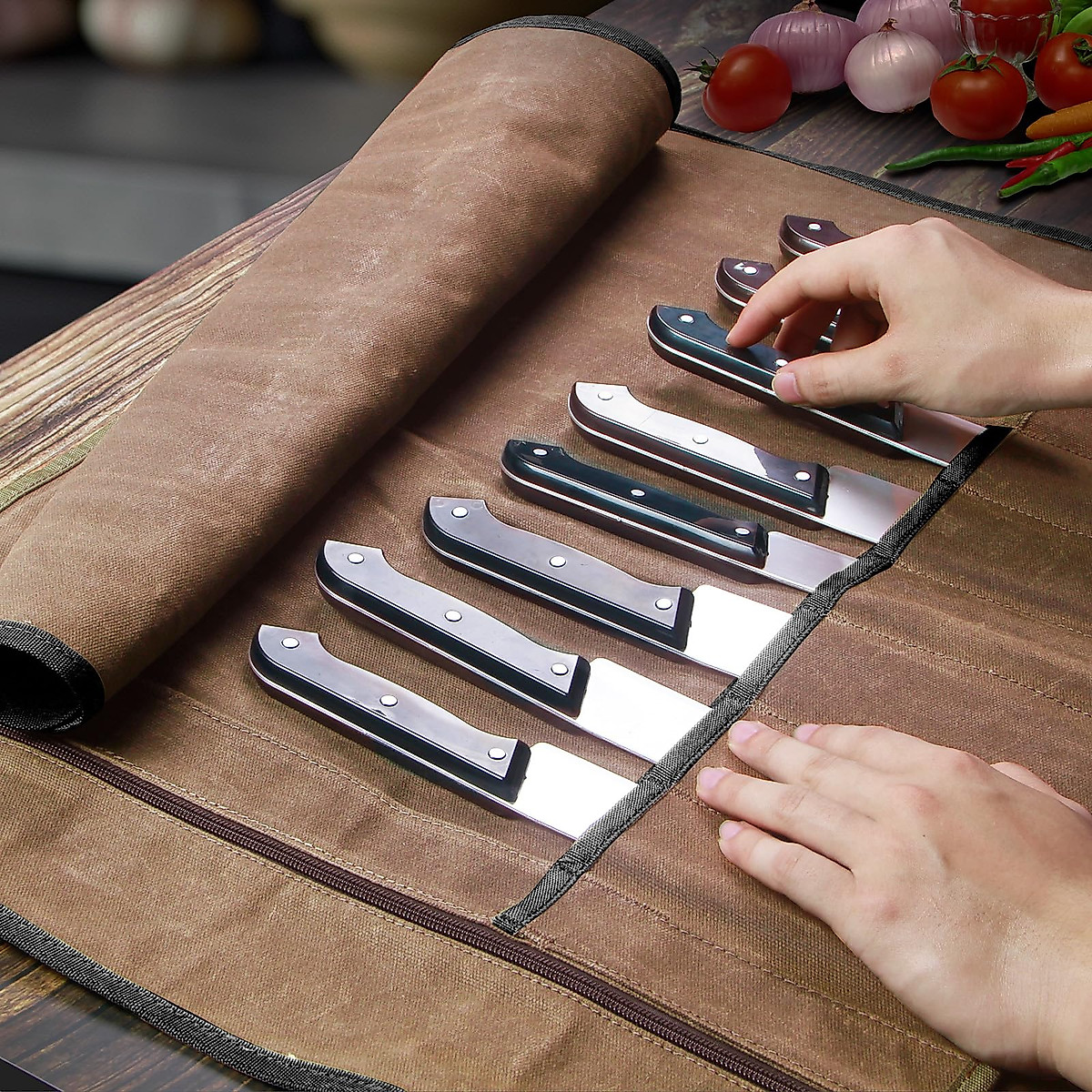 Knife Roll,Knife Bag,Knife Case,Waxed Canvas Chef Knife Bag,Portable Knife Roll Bag With 10 Slots Plus 1 Zipper Pockets Can Hold Home Kitchen Knife Tools Up To 18.8”,Heavy Duty Knife Bags For Chefs