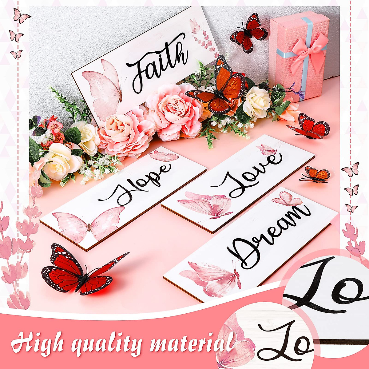 4 Pieces Faith Hope Love Dream Wall Decor Elegant Spring Butterfly Wooden Hanging Decoration Art Butterfly Room Wall Rustic Living Room Accessories for Bedroom Decor(10 x 4 x 0.2 Inch,Pink)