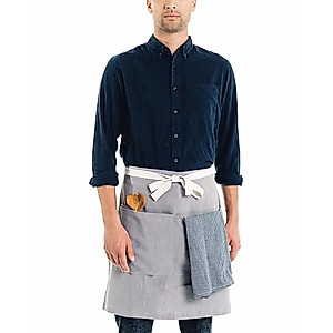 Caldo Linen Bistro Cafe Apron - Professional Grade with Pockets, Half Kitchen Apron, Mid Length 23 x 23, 40 Inch Waist Ties - Durable Unisex Uniform- Server or Chef (Grey)
